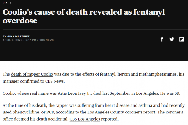 Coolio 사망 원인 마약 과다복용 (펜타닐, 헤로인, 메스암페타민) - 국외 게시판 - 힙합엘이 | HIPHOPLE.com